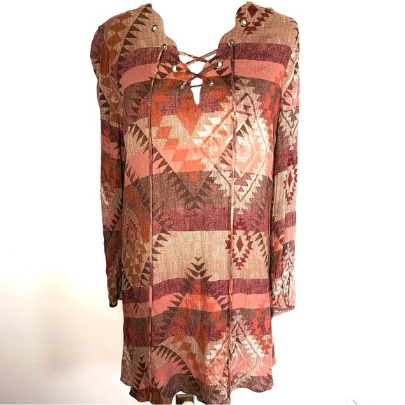 Blu Pepper | Dresses | Blue Pepper Lace Up Long Sleeve Southwest Print ...